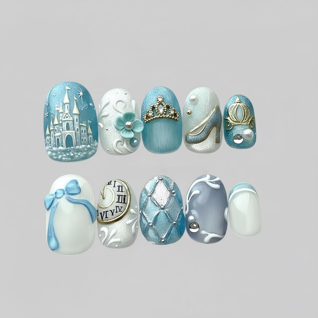 Fairytale Princess Press-on Nails: Handmade Castle, Tiara Nail Art - Etsy