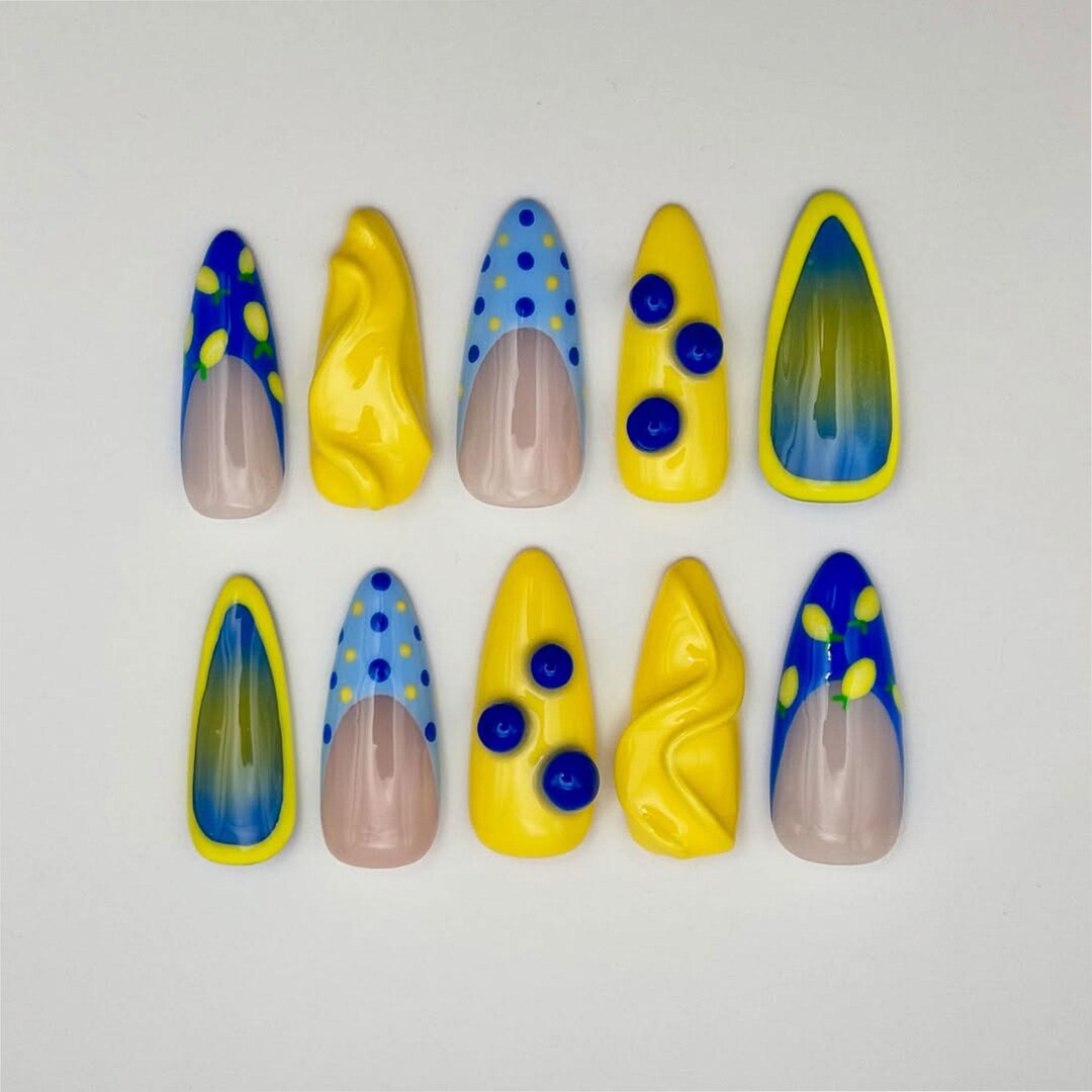 Handmade Yellow Blue 3D Press-on Nails | Polka Dots, Sculpted Swirl ...