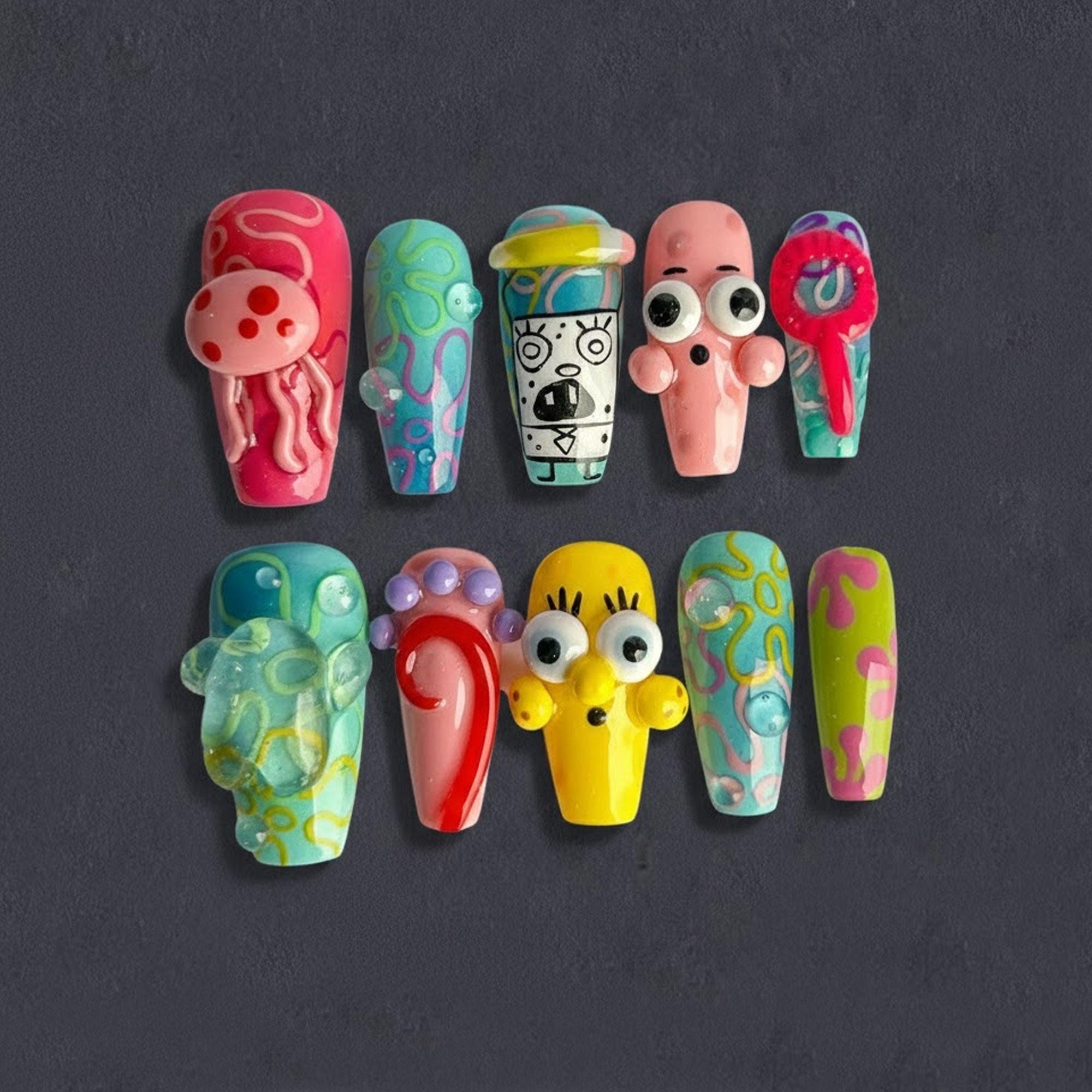 3D Spongebob Press on Nails | Handmade Kawaii Character False Nails - Etsy