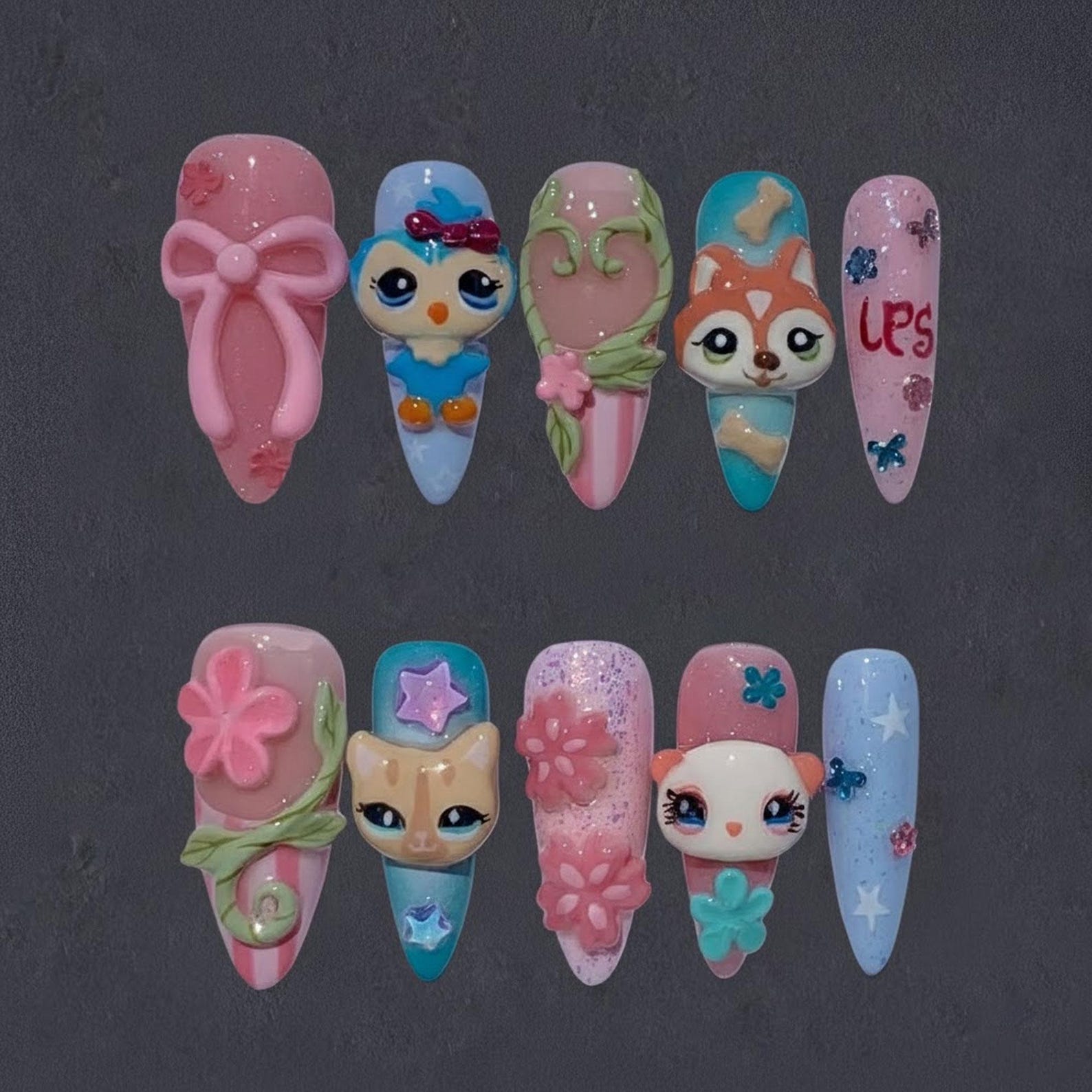 Y2K Littlest Pet Shop Press-on Nails – 3D Animal Charms, Kawaii Nail ...