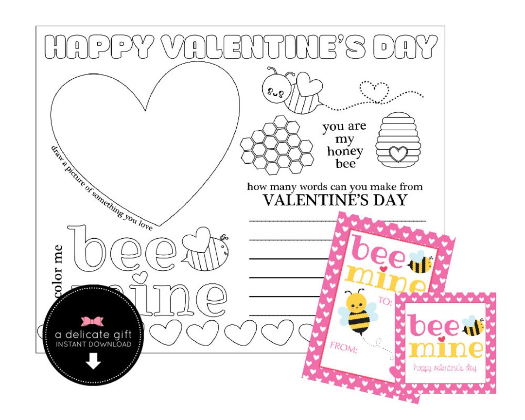 Bee Mine Printables: Placemat, Activity Sheet, Valentine Card, Gift Tag ...
