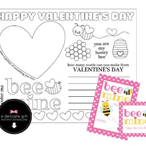 Bee Mine Printables: Placemat, Activity Sheet, Valentine Card, Gift Tag ...