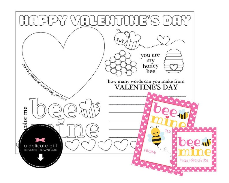 Bee Mine Printables: Placemat, Activity Sheet, Valentine Card, Gift Tag ...