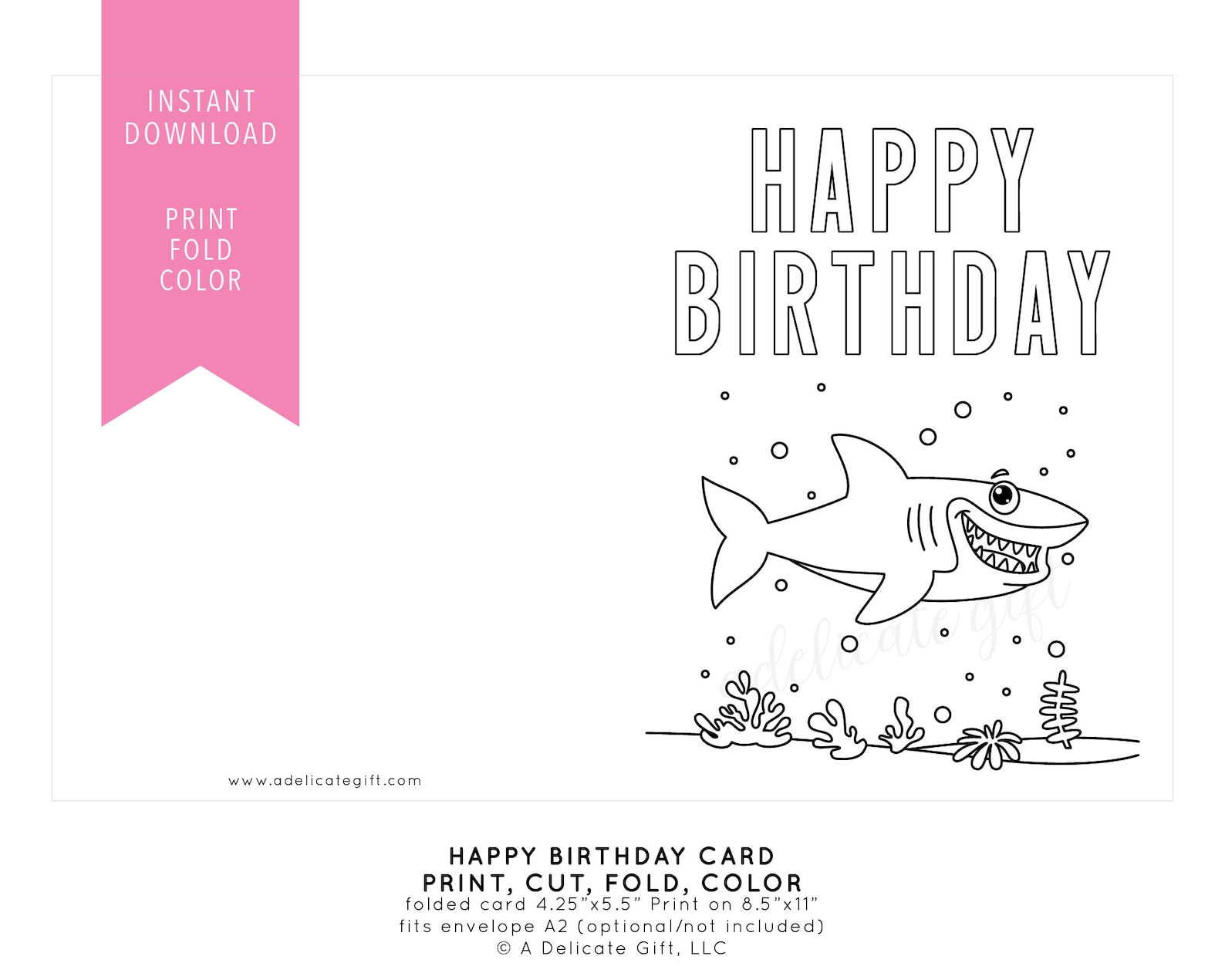 Printable Happy Birthday Card | Shark - Instant Download, DIY Coloring ...