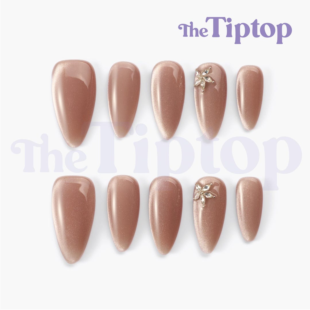 Rosy Dew Press on Nails | Pastel Pink Cat Eye With Stone Flower Design ...