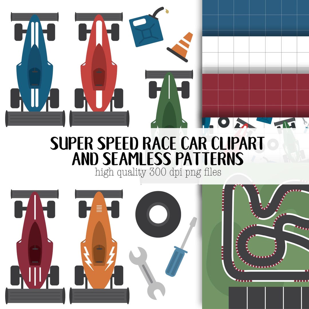Race Car Clipart: Track Background & Seamless Patterns (digital ...