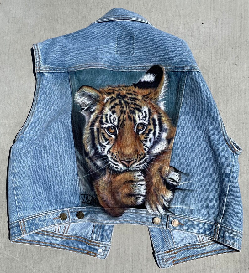 Vintage Denim Jean Vest Airbrushed Tiger Cub - Etsy