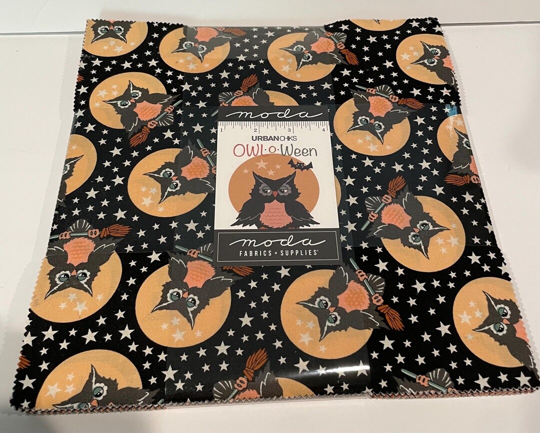 Moda Owl O Ween Halloween Layer Cake by Urban Chiks 31190LC 10 Inch Squares Orange Black Owls ...