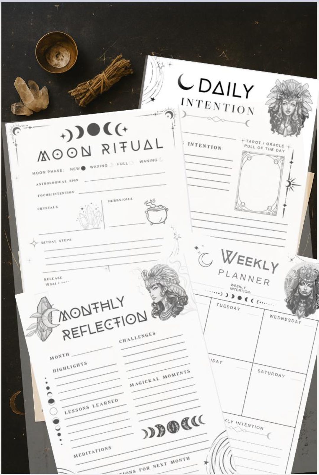 Budget Moon Magic Planner Bundle: B&W Weekly, Daily, Ritual Pages ...