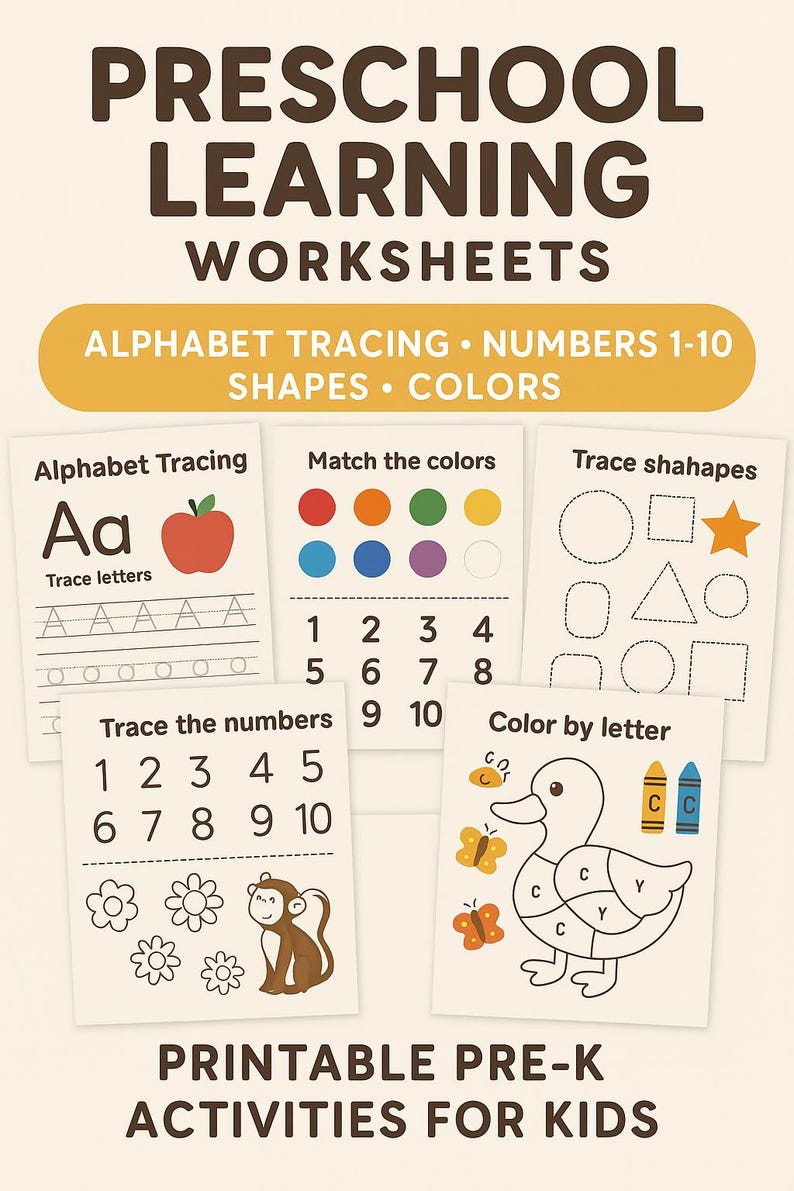Preschool Learning Worksheets | Alphabet Tracing, Numbers 1–10, Shapes ...