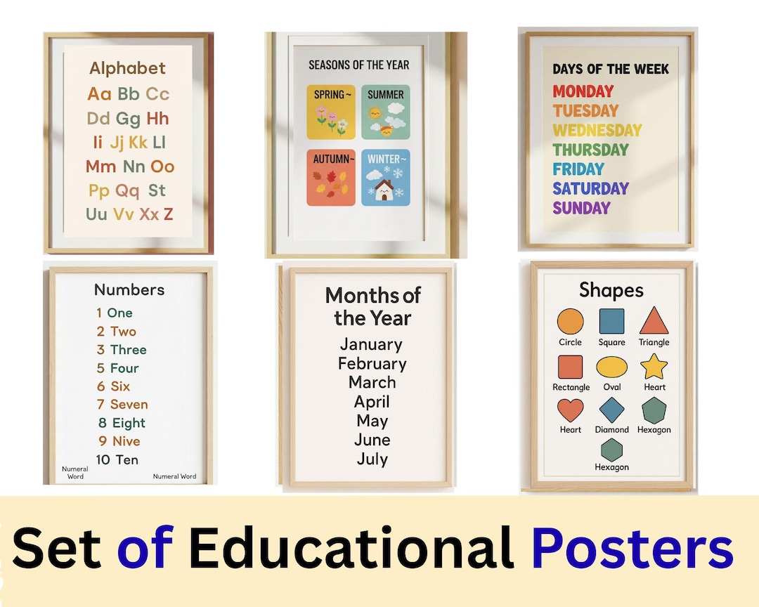 Set of 6 Kids Educational Posters Bundle – ABC, Numbers 1-20, Shapes ...