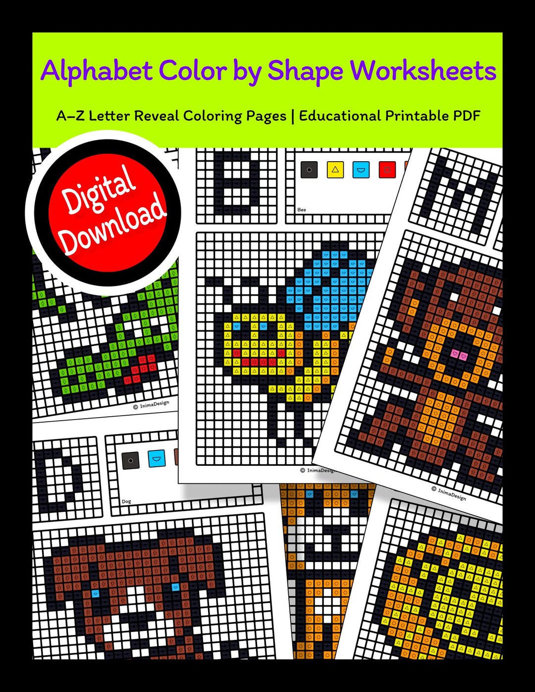 Animal Alphabet Color by Shape Worksheets, A-Z Letter Reveal Coloring ...