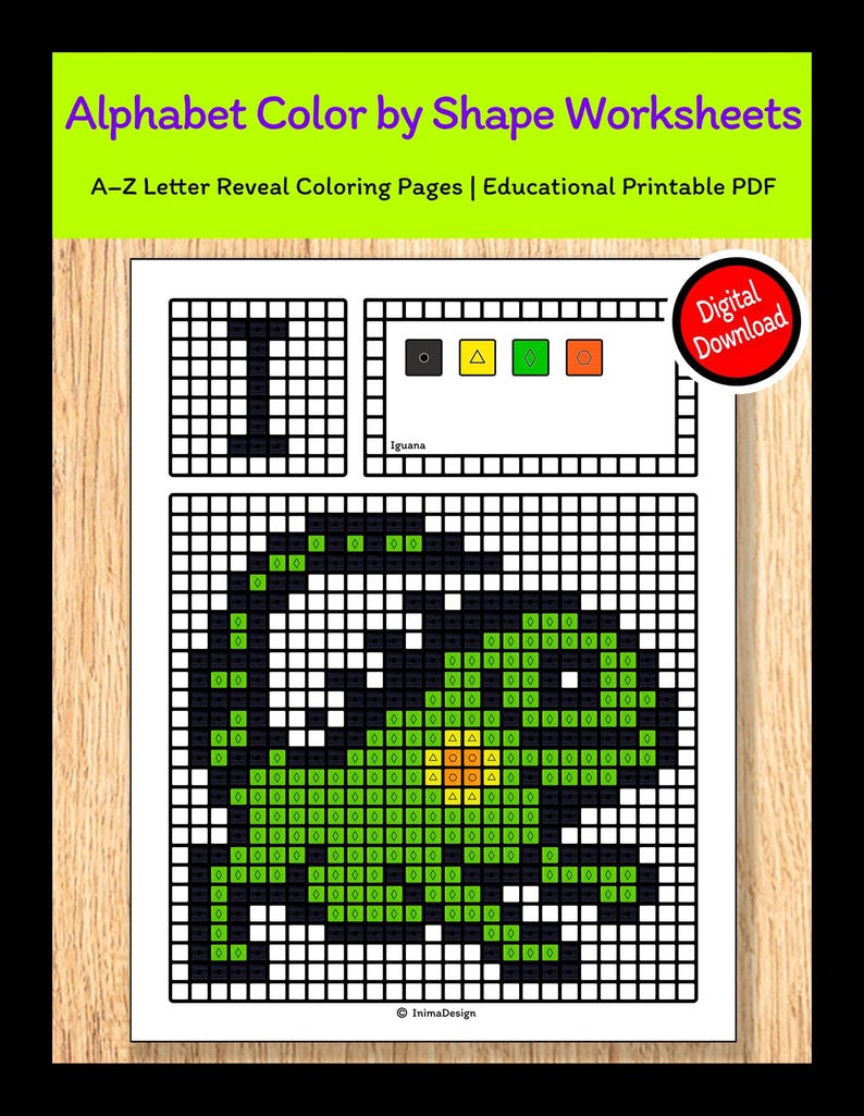Animal Alphabet Color by Shape Worksheets, A-Z Letter Reveal Coloring ...