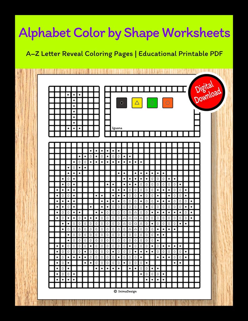 Animal Alphabet Color by Shape Worksheets, A-Z Letter Reveal Coloring ...