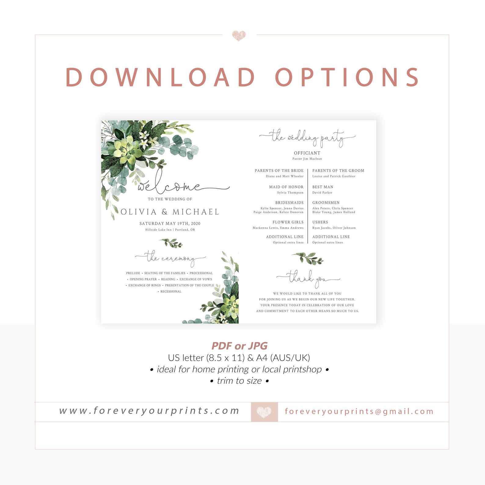 Wedding Program Template, Printable Order of Service, Ceremony Program ...