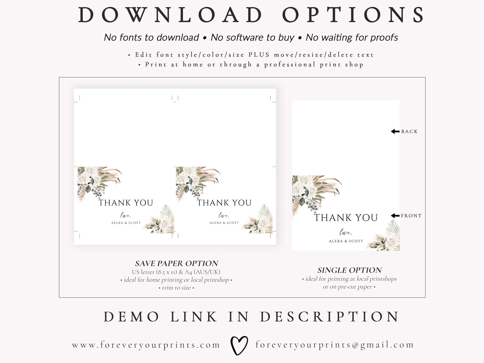 Printable Thank You Note Boho Thank You Card Template Pampas - Etsy