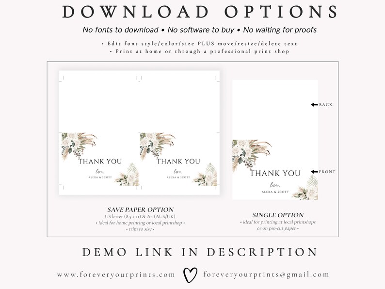 Printable Thank You Note Boho Thank You Card Template Pampas - Etsy