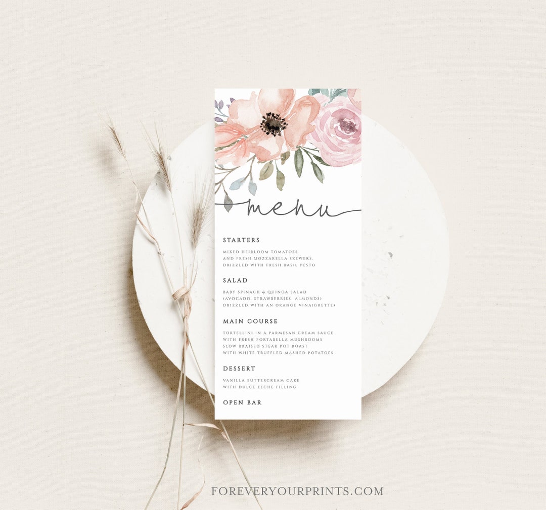 Printable Wedding Dinner Menu Cards Template, Floral Wedding Table ...