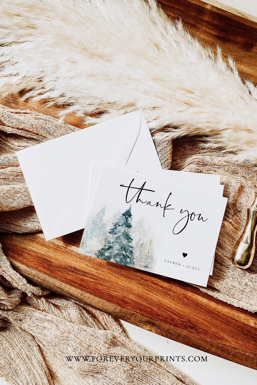 Winter Thank You Card, Christmas Thank You Note Card, Rustic, Editable ...
