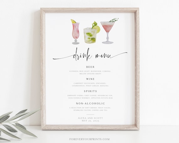 Drink Menu Sign, Editable Wedding Bar Menu Template, Printable ...
