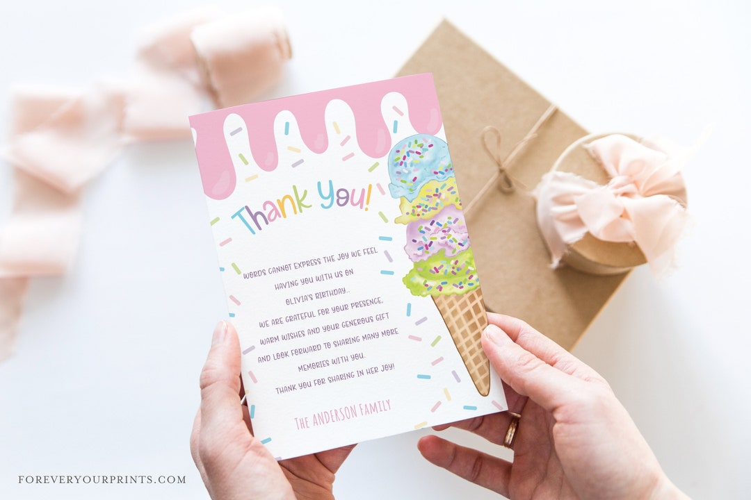 Ice Cream Thank You Card Printable Editable Thank You Note Card Girl ...