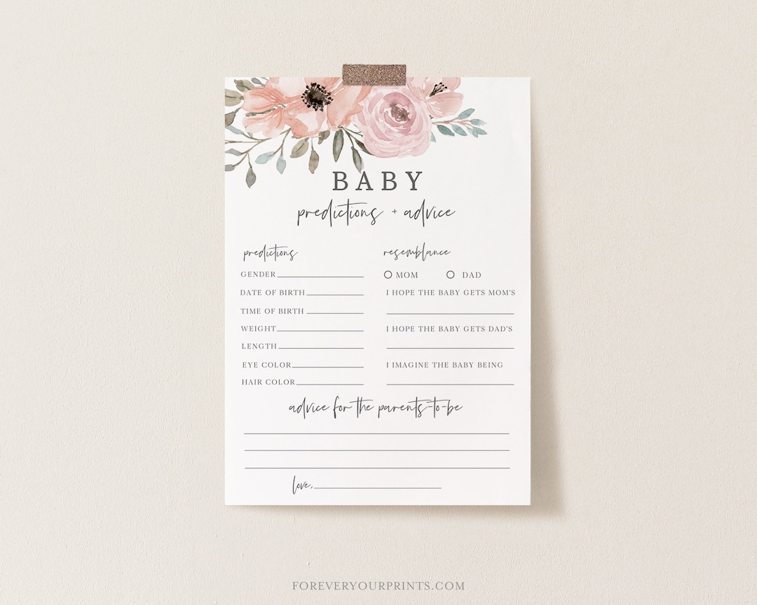Baby Predictions and Advice Card, Baby Shower Games, Baby Girl, Diy ...
