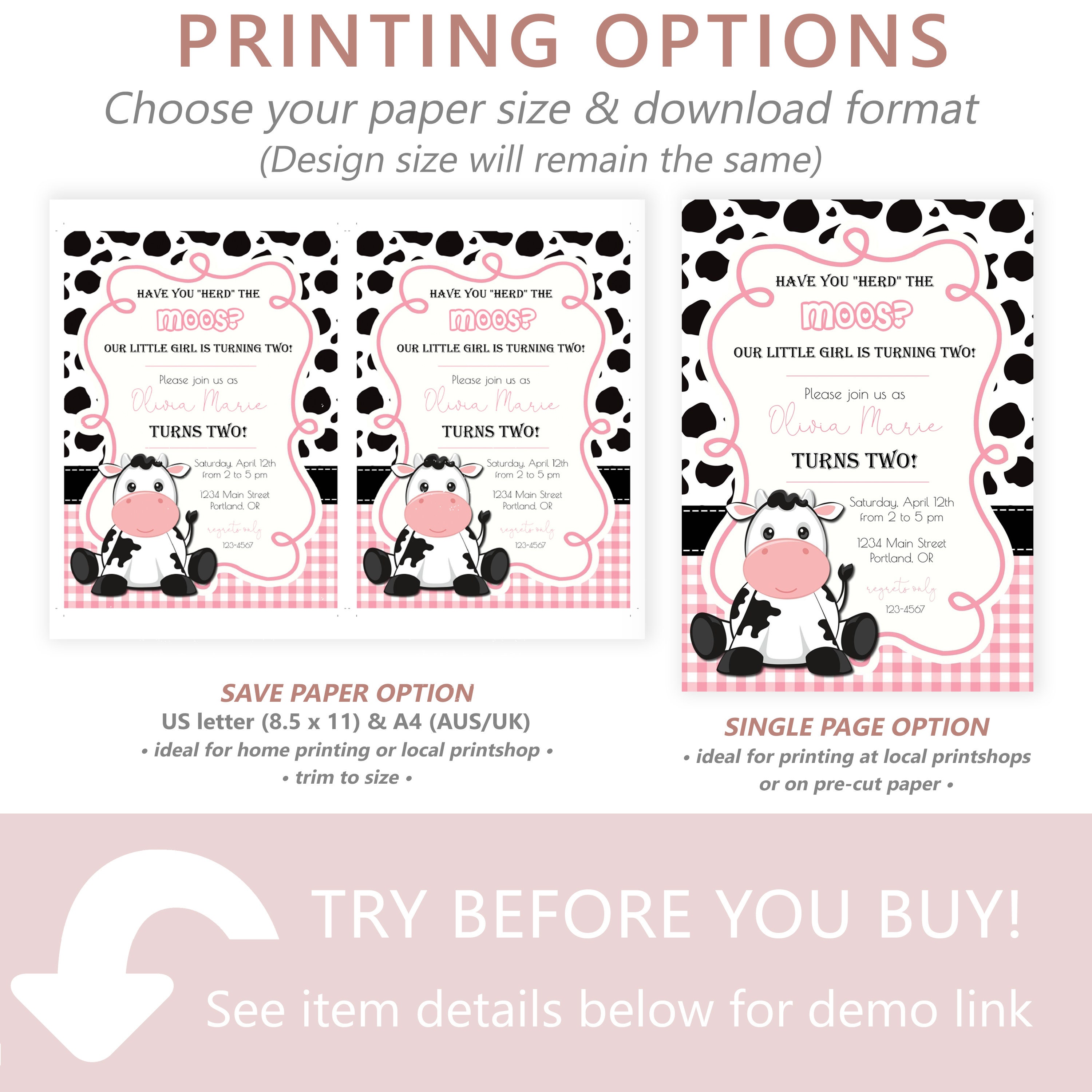 Girls Cow Birthday Invitation Cow Party Invitation Cow Party | Etsy