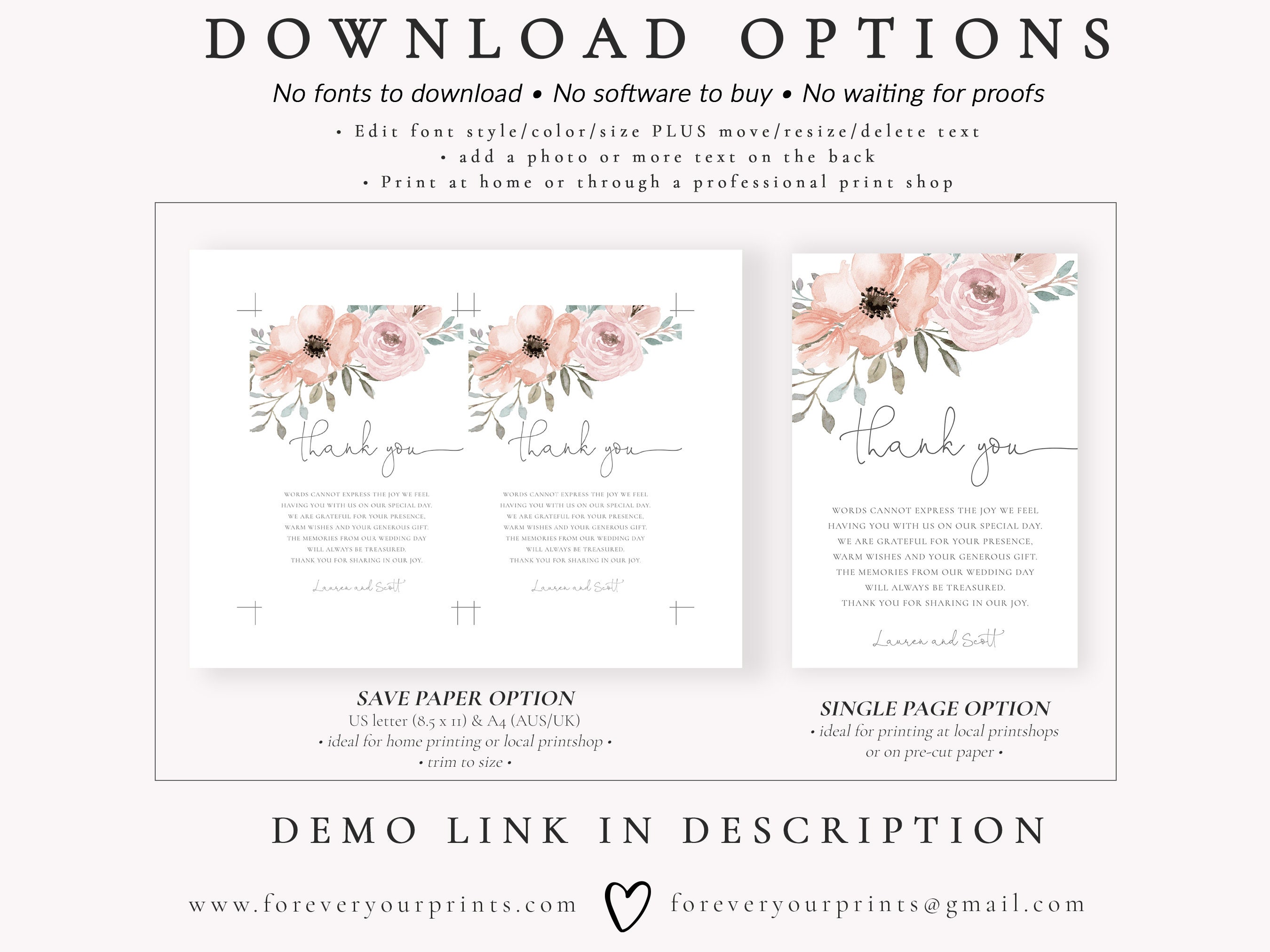 Floral Thank You Note Printable Thank You Card Template | Etsy