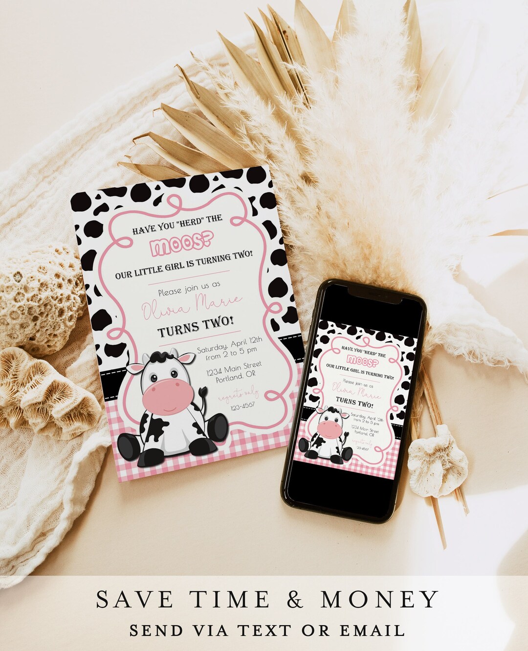 Girls Cow Birthday Invitation, Cow Party Invitation, Cow Party Invite ...