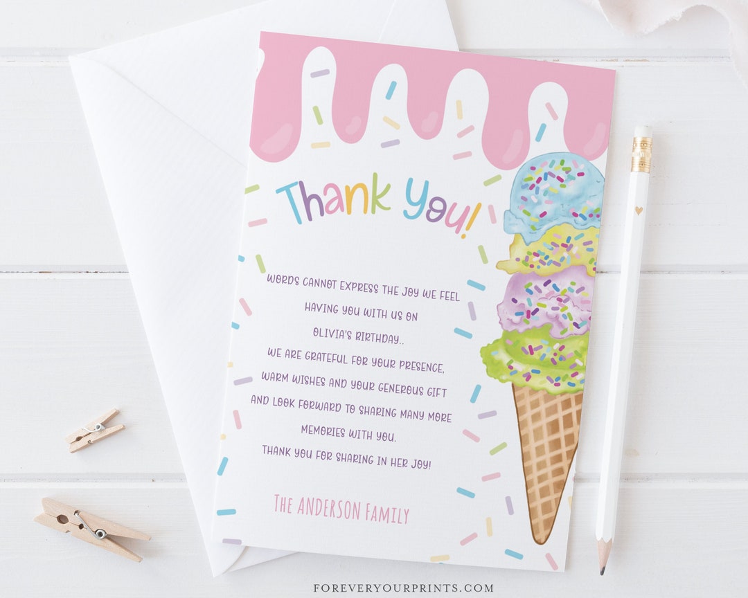 Ice Cream Thank You Card Template | Editable Thank You Note Card | Girl ...