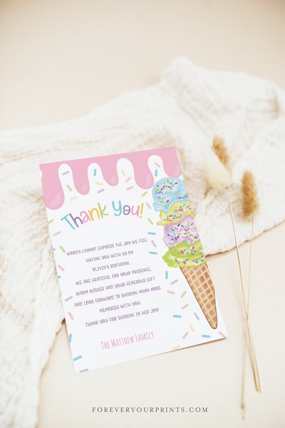 Ice Cream Thank You Note, Printable Thank You Card Template, Instant ...