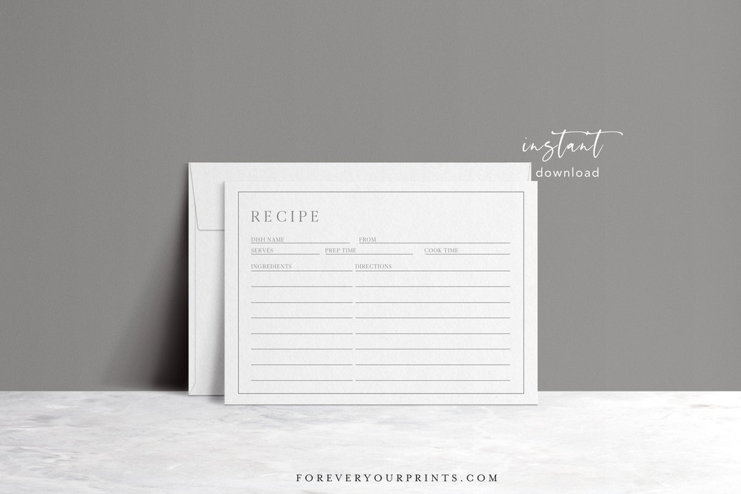 Minimalist Recipe Card Printable, Instant Download, 100% Editable ...