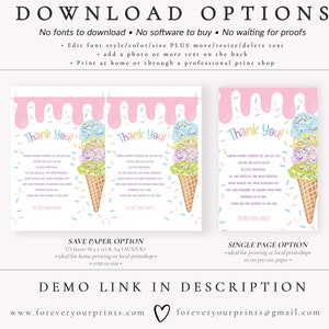 Ice Cream Thank You Card Template | Editable Thank You Note Card | Girl ...
