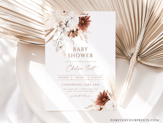 Boho Baby Shower Invitation, Boho Floral Baby Shower Brunch, Gender ...