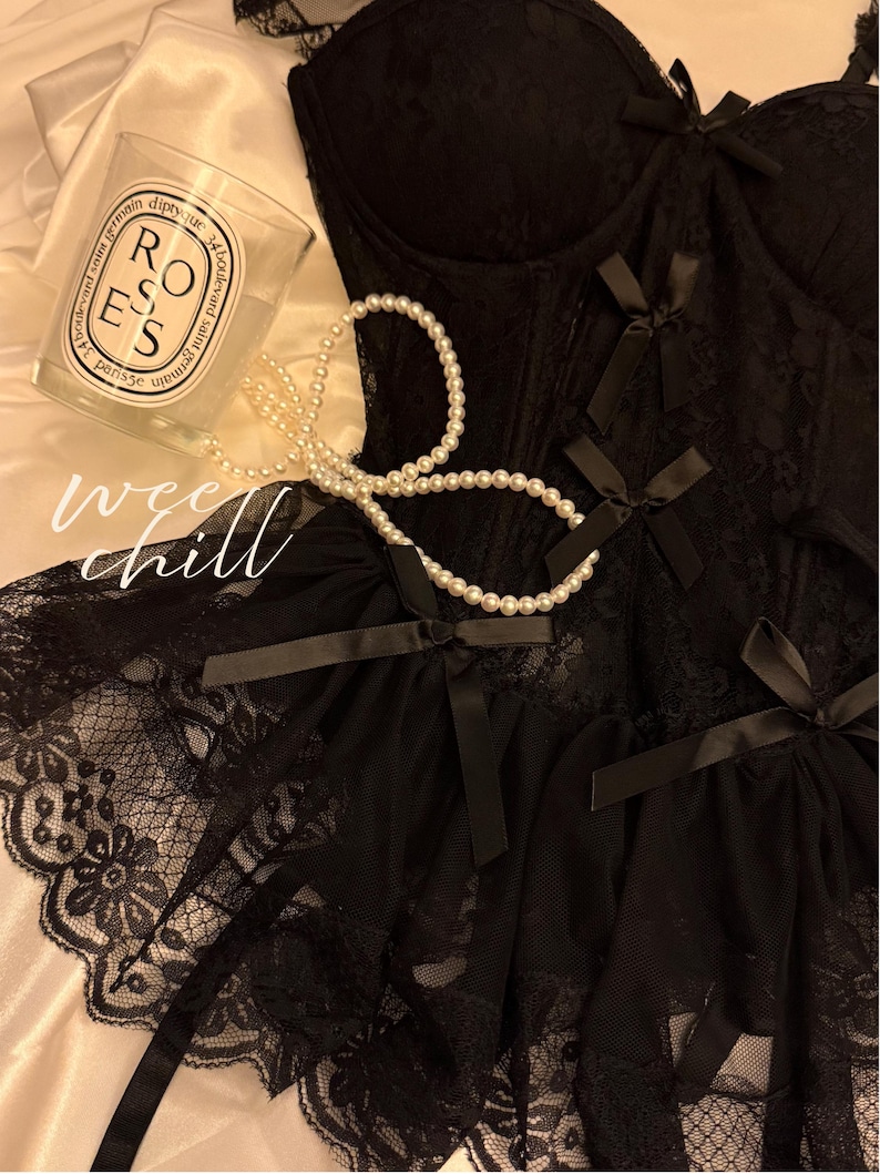 Chiffon Black Lace Ruffle Lingerie Set – Sheer Babydoll With Push-up ...