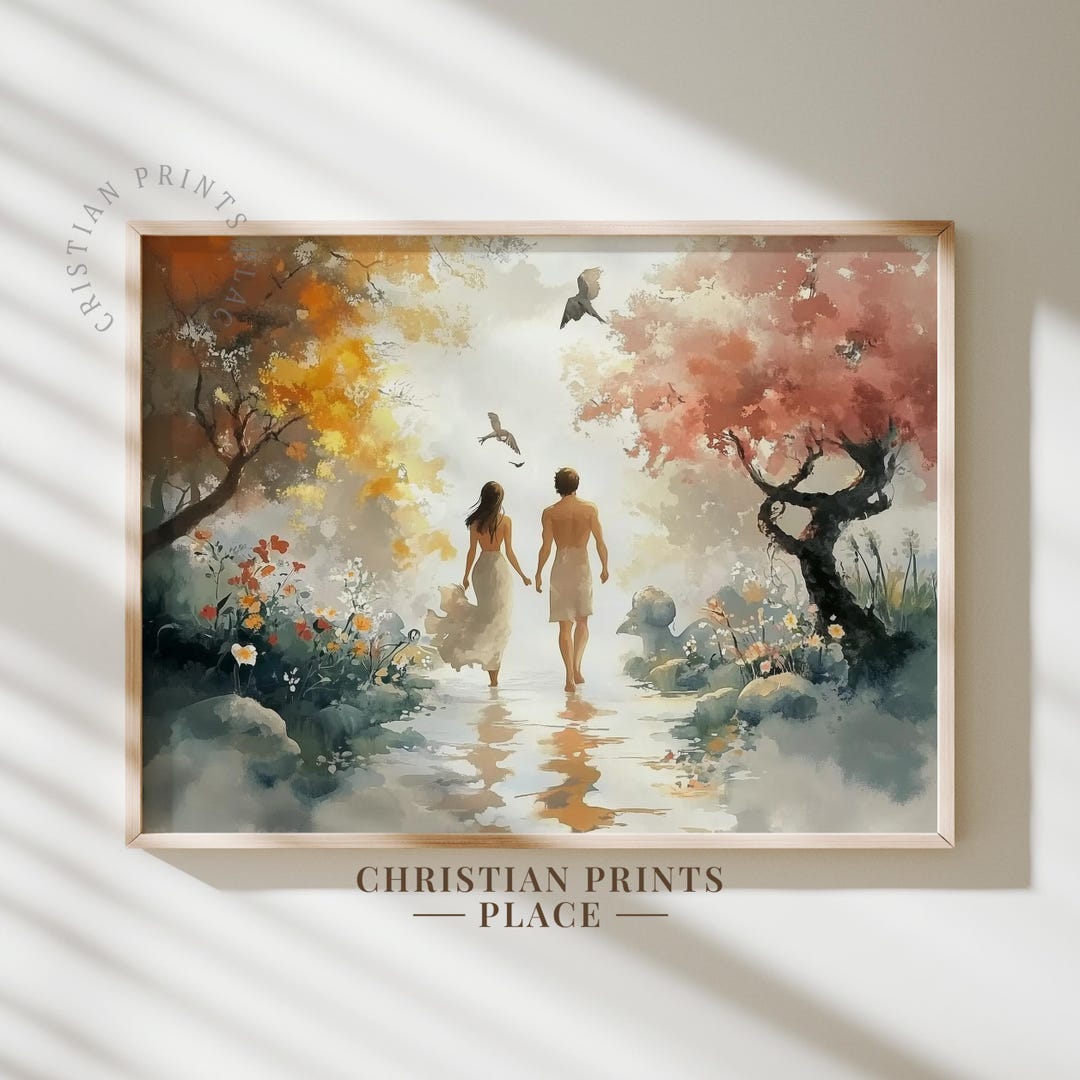 Adam and Eve in Garden of Eden Christian Painting, Bible Creation Scene ...