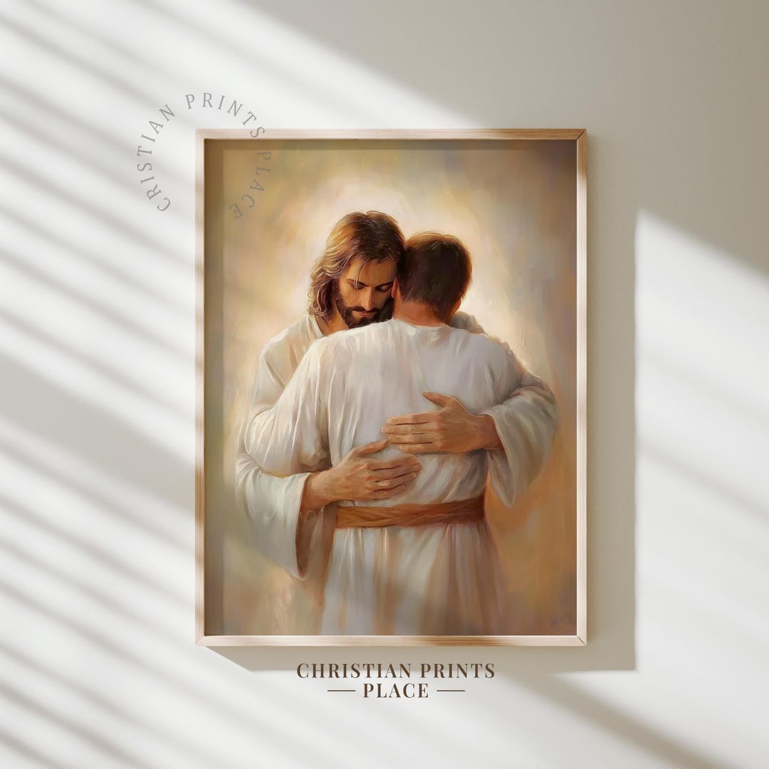 Jesus Embracing Man Christian Painting Enter Into My Joy Scene Poster ...