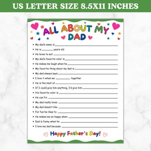 All About My Dad Father's Day Printable Card, Dad Questionnaire, Fill ...