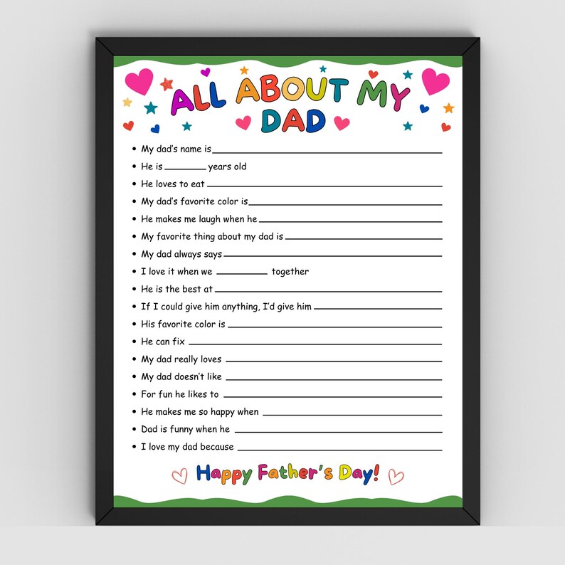 All About My Dad Father's Day Printable Card, Dad Questionnaire, Fill ...