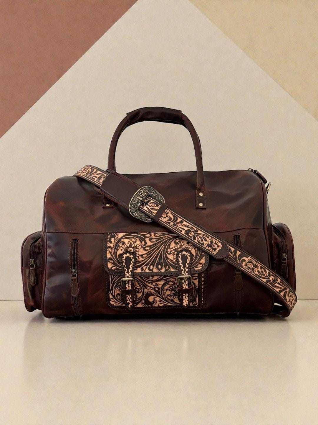 Full Grain Leather Duffle Bag: Western Engraved Travel Weekender - Etsy