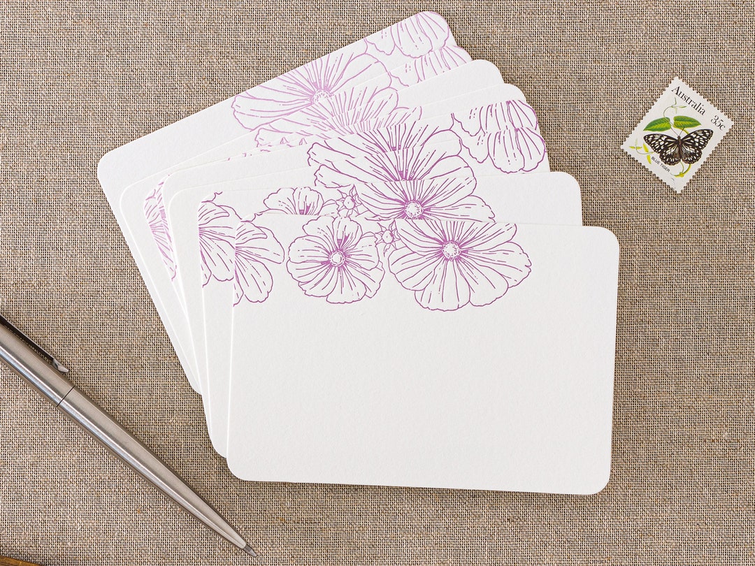 Set of 8 Letterpress Purple Floral Note Cards Small Size Flat White ...