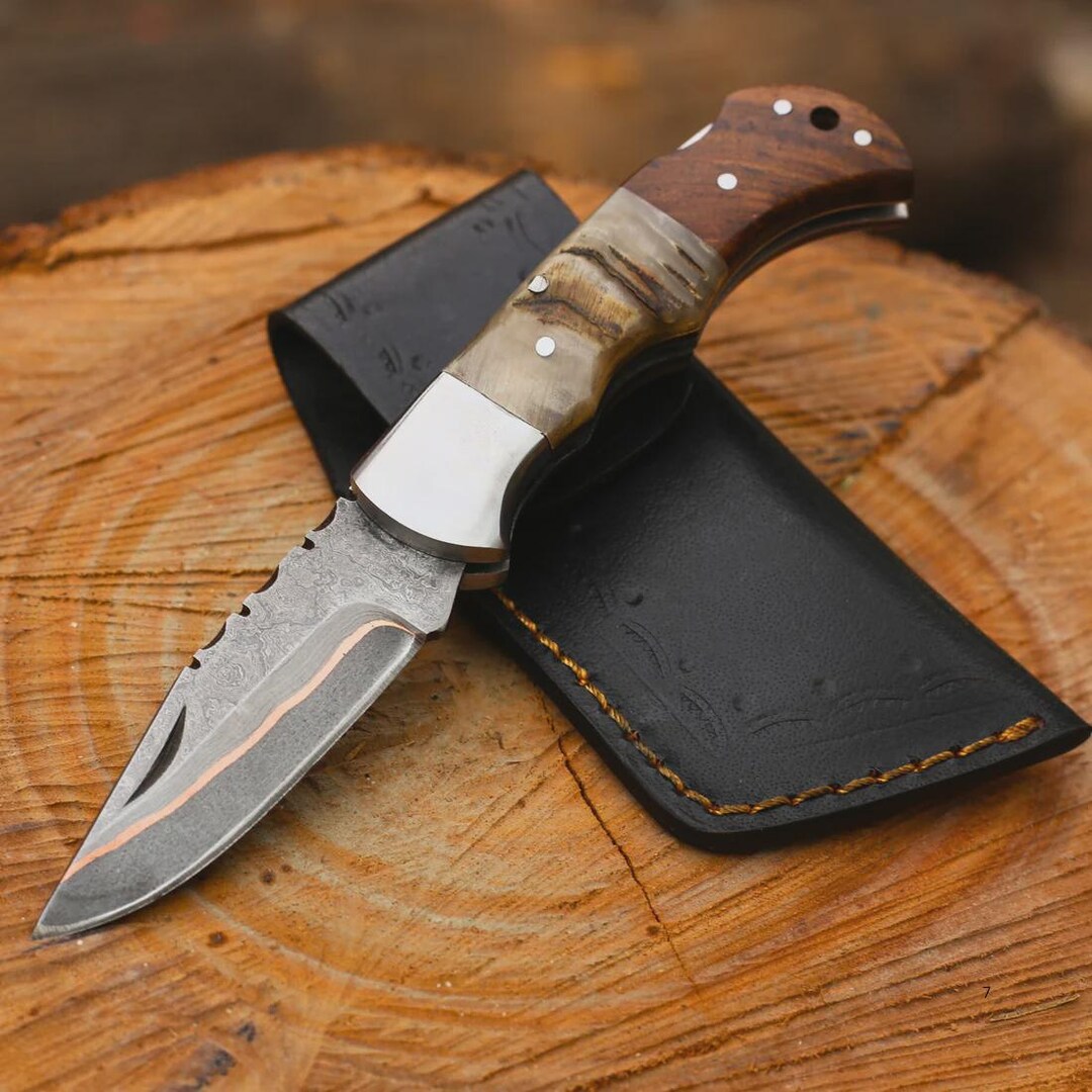 Handcrafted Copper Damascus Folding Knife - Etsy