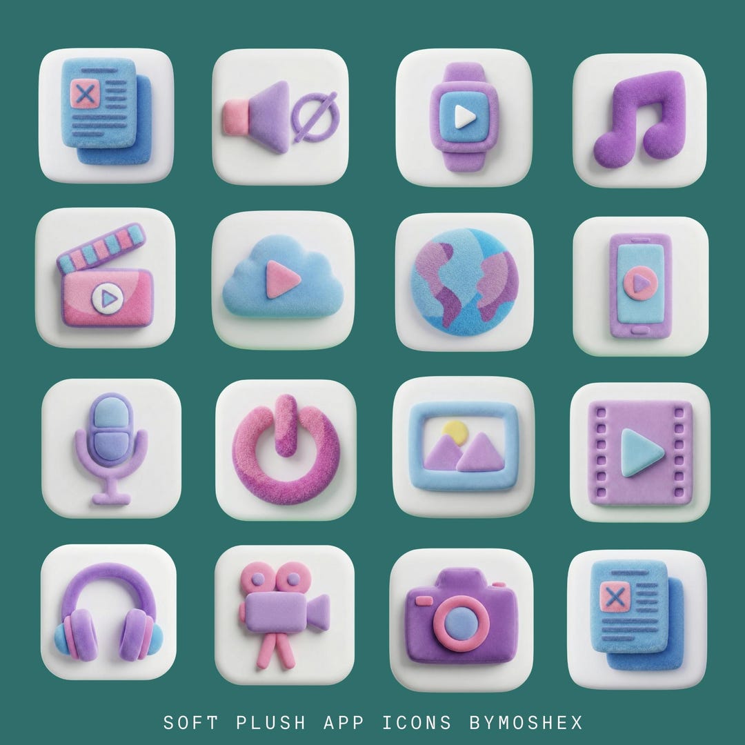Plush Icons Pack – 16 Soft Foam 3D Icons for Mobile Apps, Cute Pastel ...