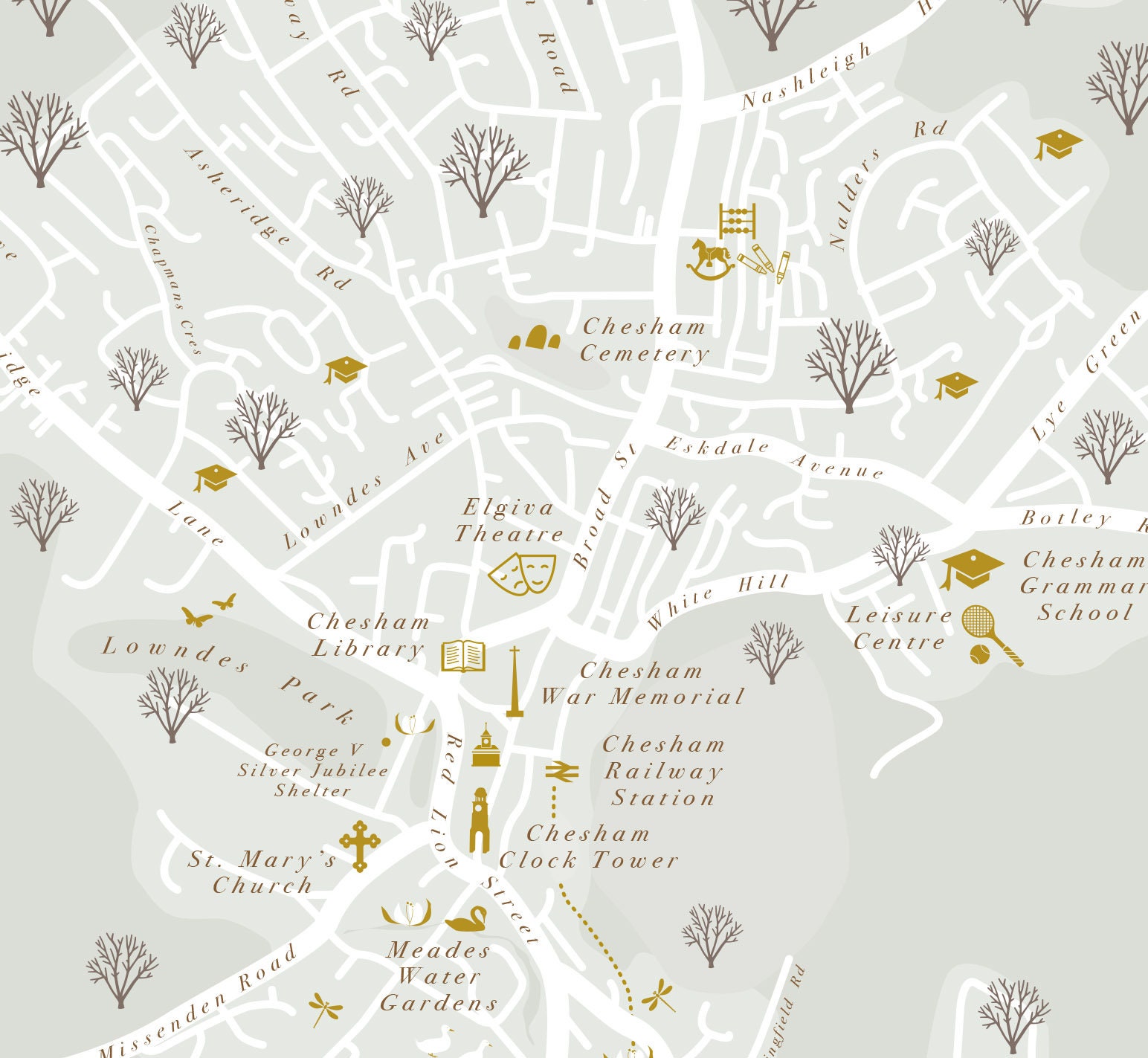 Framed Chesham Map Print. Illustrated Map of Chesham - Etsy UK