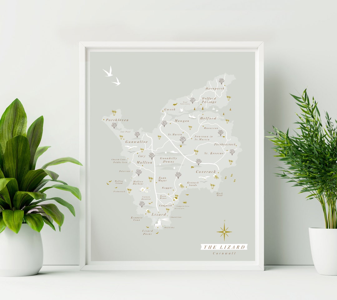 Framed Lizard Peninsula Print, Cornwall Print. Wall Map of Lizard ...