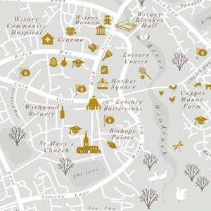 Framed Witney Map Print. Illustrated Map of Witney, Oxfordshire. Witney ...