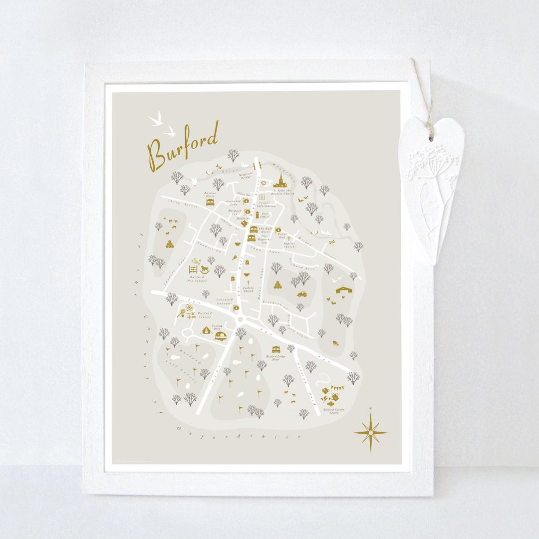 Unframed Burford Map Print. Illustrated Map of Burford, Cotswolds Art ...