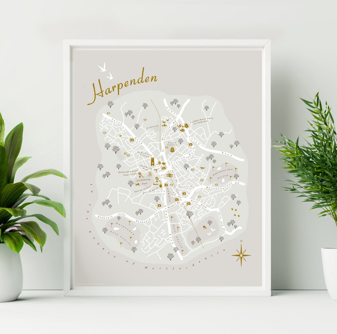 Framed Harpenden Print. Illustrated Map of Harpenden, Harpenden Print ...
