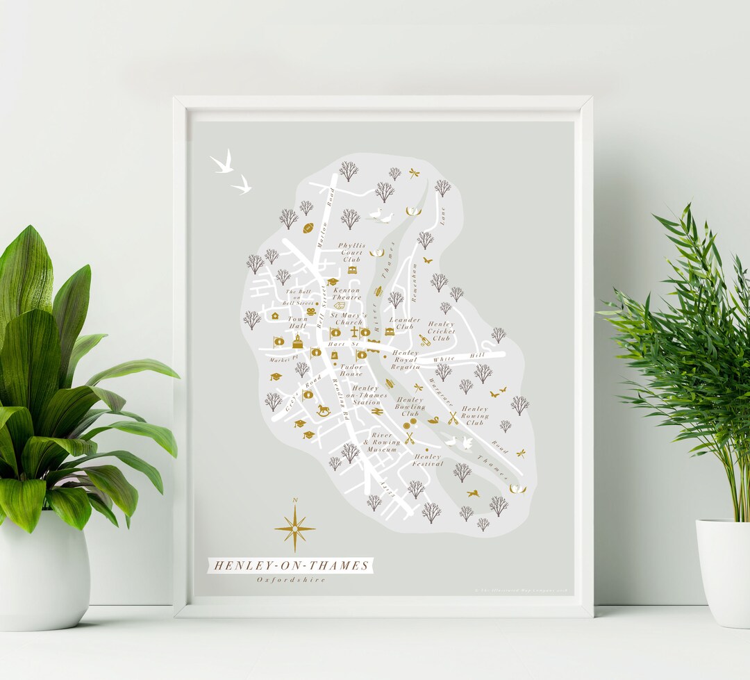 Framed Henley on Thames Map Print. Illustrated Wall Map of Henley on ...