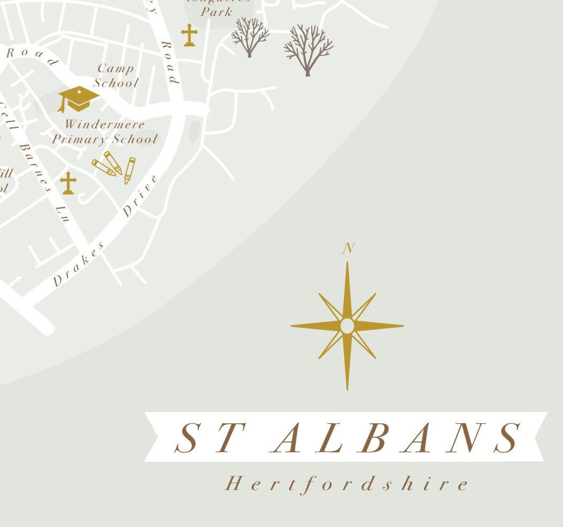 Framed St Albans Map Print. Illustrated Map of St Albans, St Albans ...